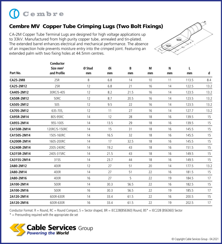 Cembre MV Copper Tube Crimping Lugs (Two Bolt Fixings) - Cable Services