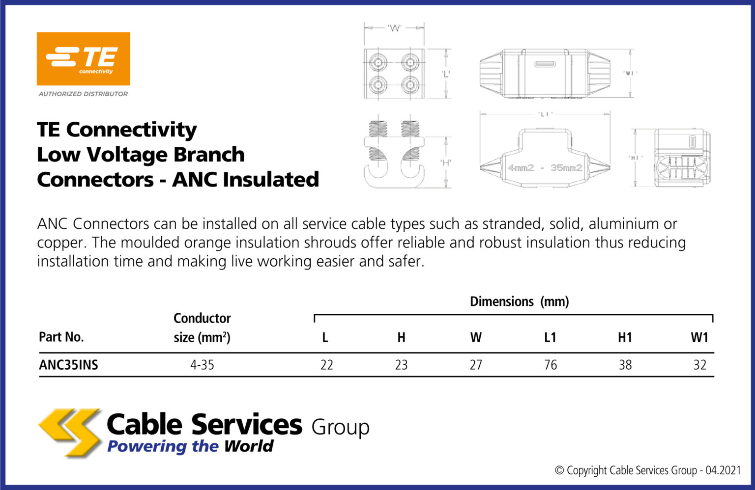 TE Connectivity Low Voltage Branch Connectors - ANC Insulated - Cable ...
