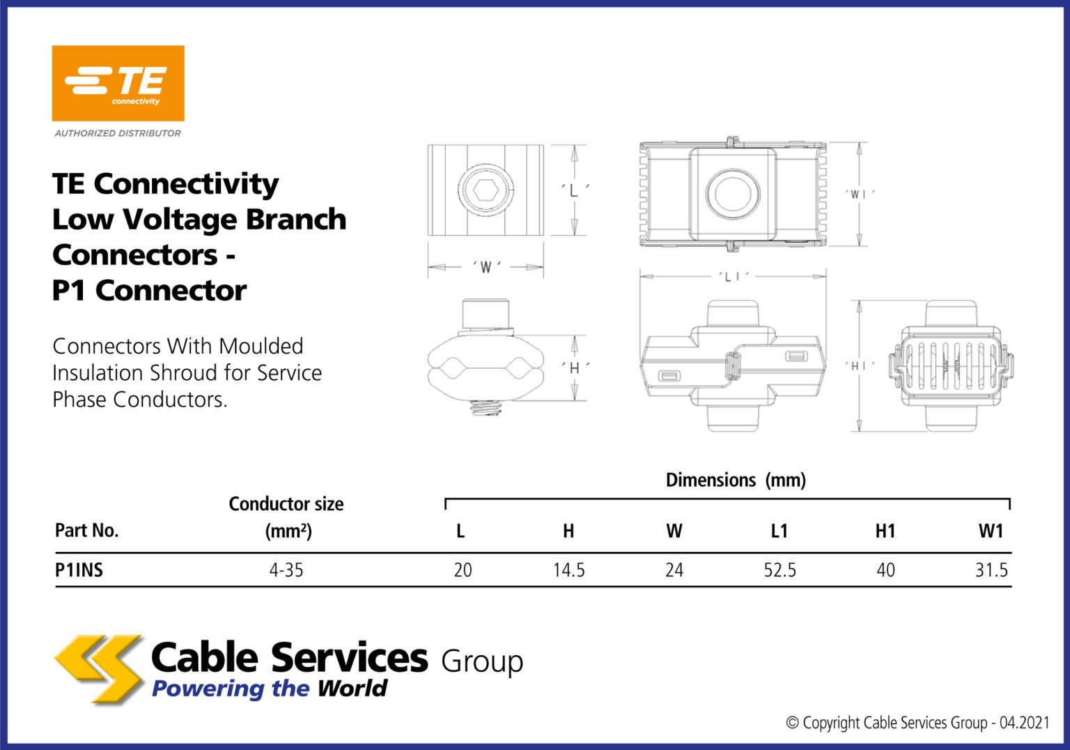 TE Connectivity Low Voltage Branch Connectors - P1 Connector - Cable ...