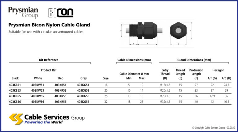 Prysmian Bicon Nylon Cable Gland - Cable Services