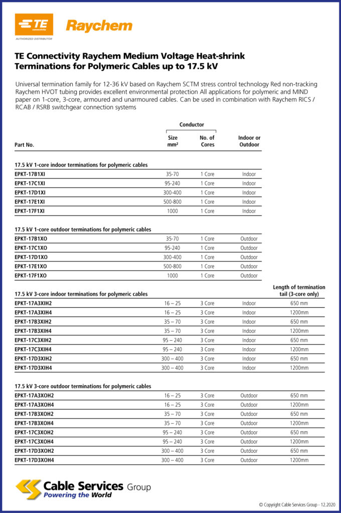 TE Connectivity Raychem Medium Voltage Heat-shrink Terminations for Polymeric Cables up to 17.5 ...