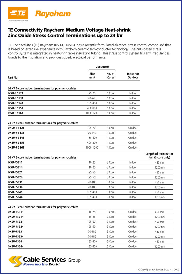 TE Connectivity Raychem Medium Voltage Heat-shrink Zinc Oxide Stress Control Terminations up to ...