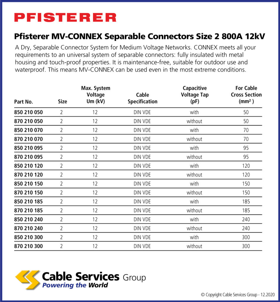 Pfisterer MV-CONNEX Separable Connectors Size 2 800A 12kV - Cable Services