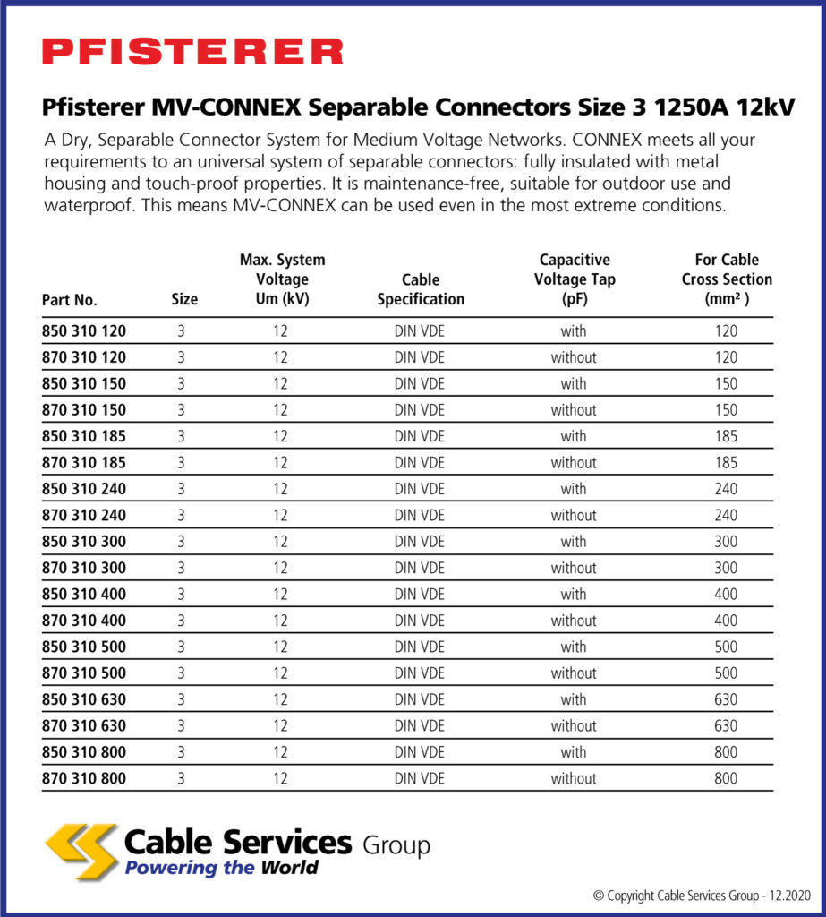 Pfisterer MV-CONNEX Separable Connectors Size 3 1250A 12kV - Cable Services