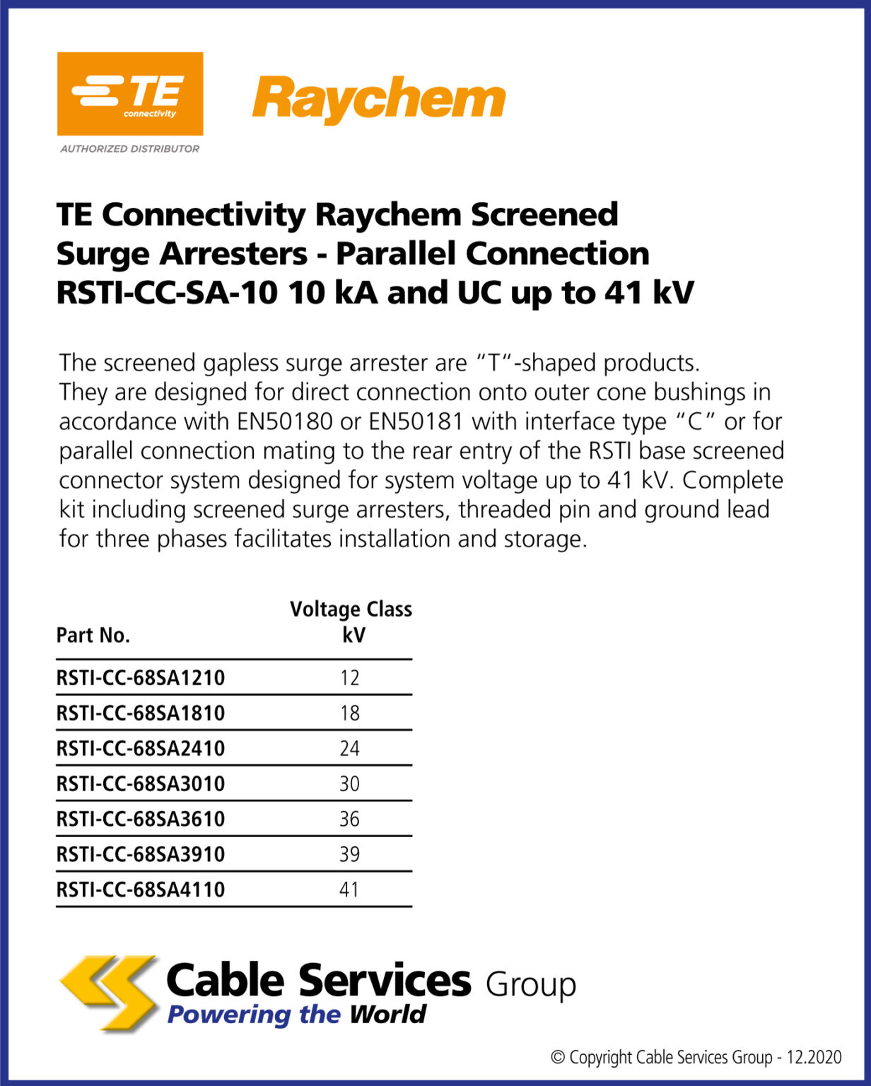 TE Connectivity Raychem Screened Surge Arresters - Parallel Connection RSTI-CC-SA-10 10 kA and ...