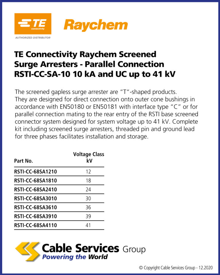 TE Connectivity Raychem Screened Surge Arresters - Parallel Connection RSTI-CC-SA-10 10 kA and ...