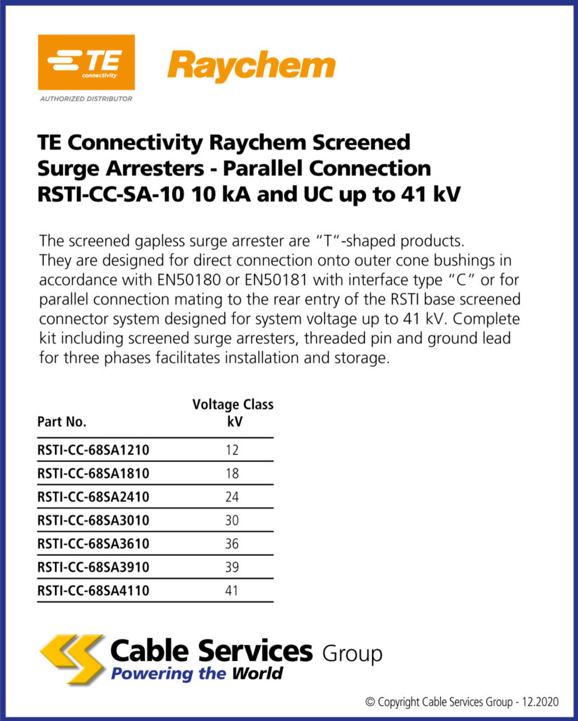 TE Connectivity Raychem Screened Surge Arresters - Parallel Connection RSTI-CC-SA-10 10 kA and ...