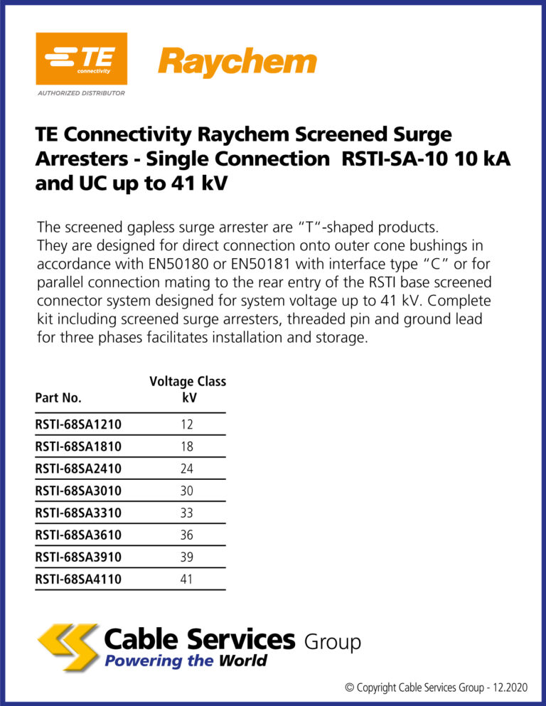 TE Connectivity Raychem Screened Surge Arresters - Single Connection RSTI-SA-10 10 kA and UC up ...