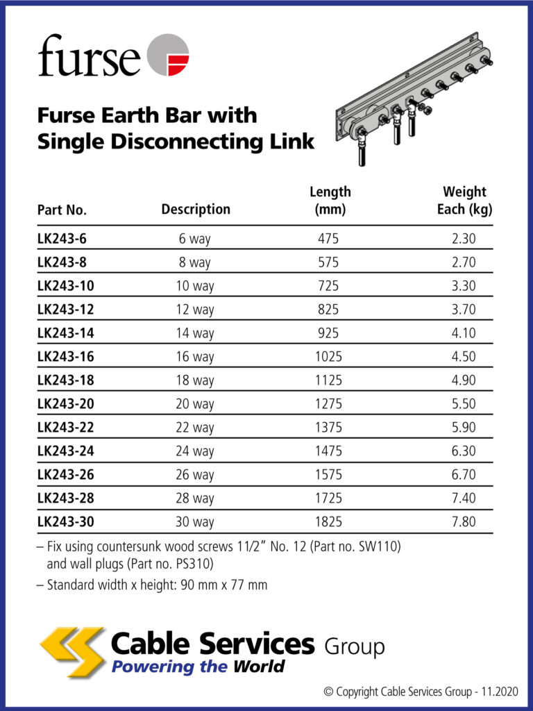 Furse Earth Bar with Single Disconnecting Link - Cable Services