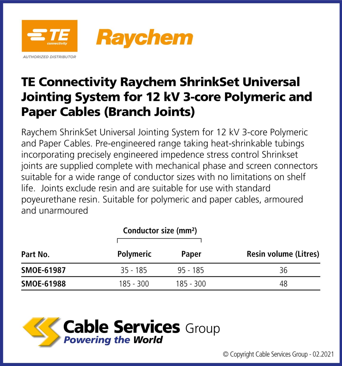 TE Connectivity Raychem ShrinkSet Universal Jointing System for 12 kV 3 ...