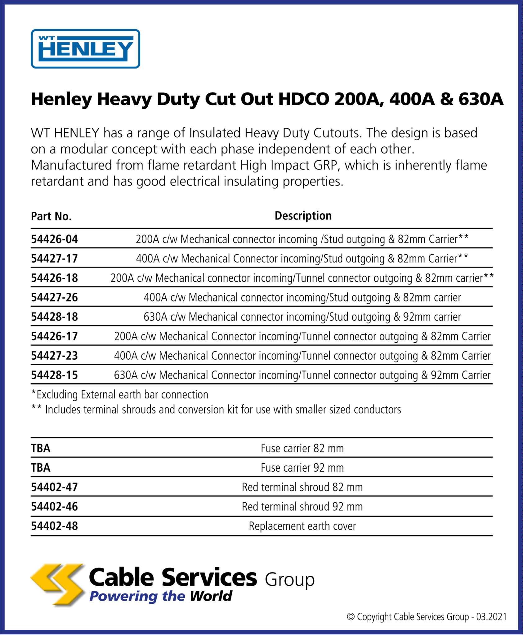 Henley Heavy Duty Cut Out HDCO 200A, 400A & 630A - Cable Services