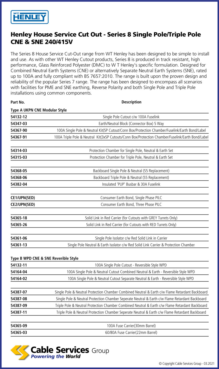 Henley House Service Cut Out - Series 8 Single Pole/Triple Pole - Cable ...