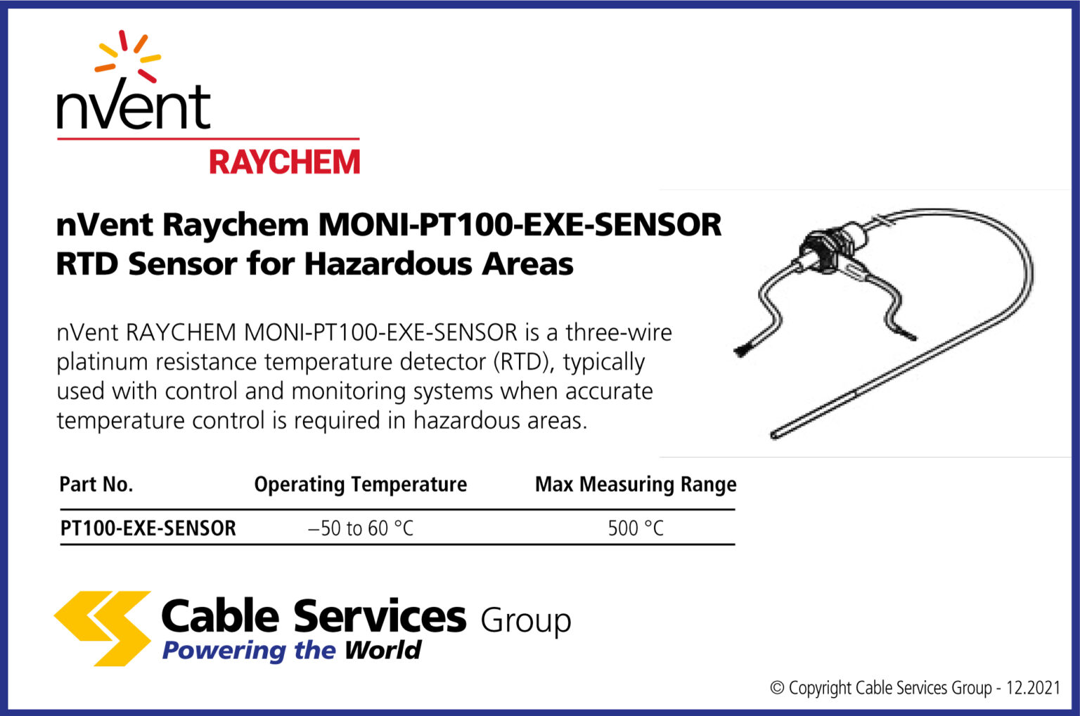 nVent Raychem MONI-PT100-EXE-SENSOR RTD Sensor for Hazardous Areas ...