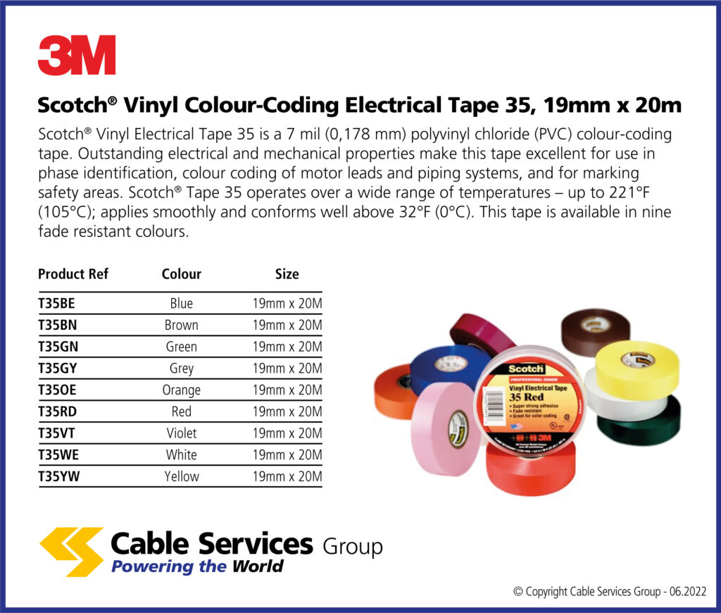 Scotch® Vinyl Colour-Coding Electrical Tape 35, 19 mm x 20 m - Cable ...
