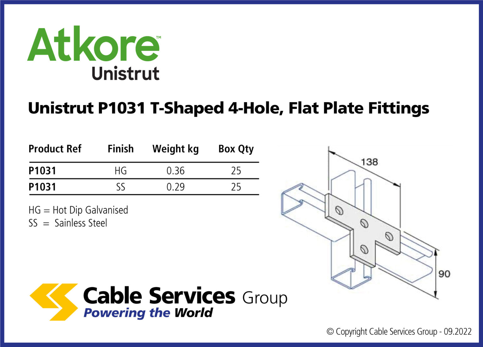 Unistrut P1031 T-Shaped 4-Hole, Flat Plate Fittings - Cable Services