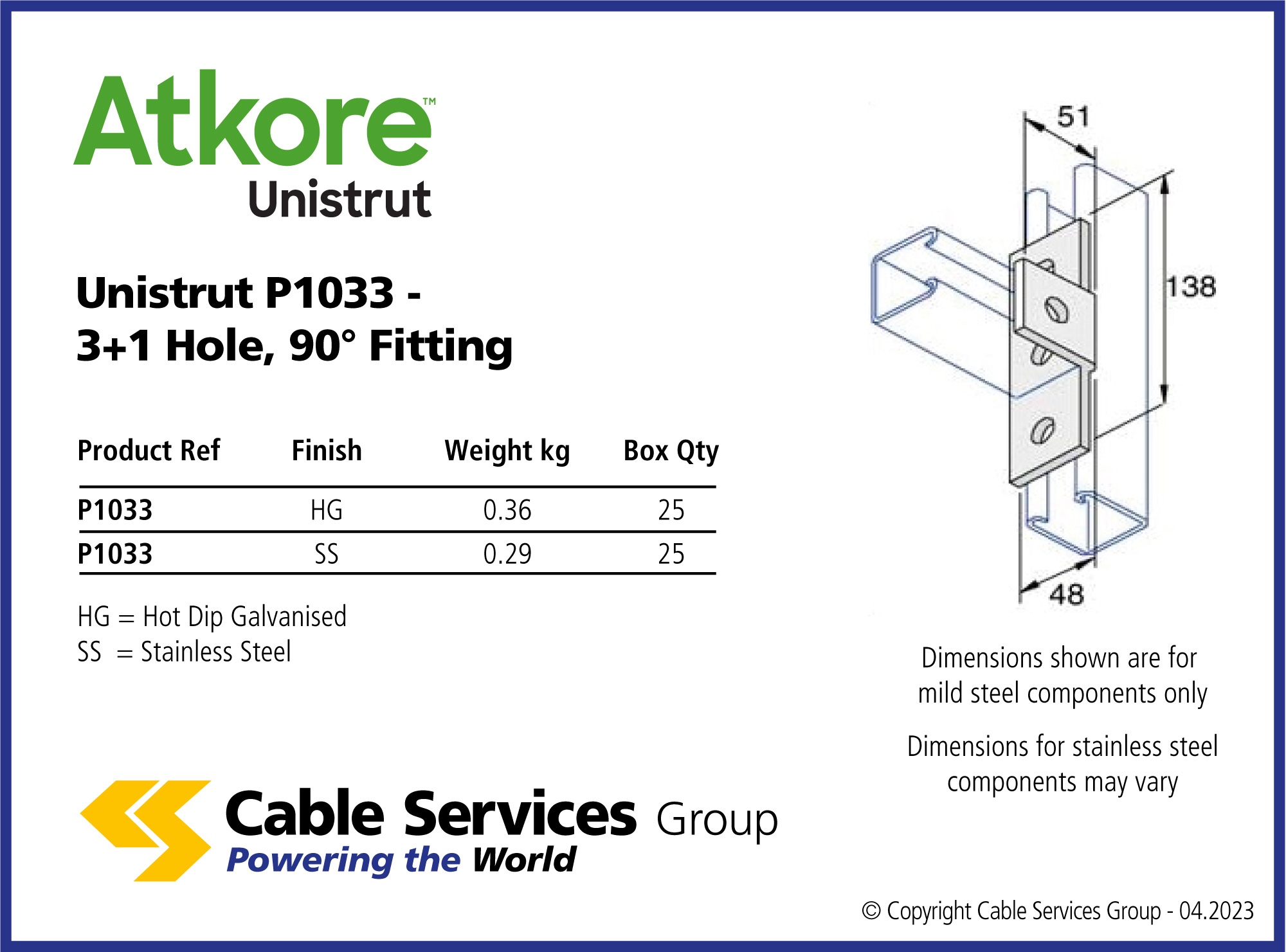 Unistrut P1033 - 3+1 Hole, 90° Fitting - Cable Services