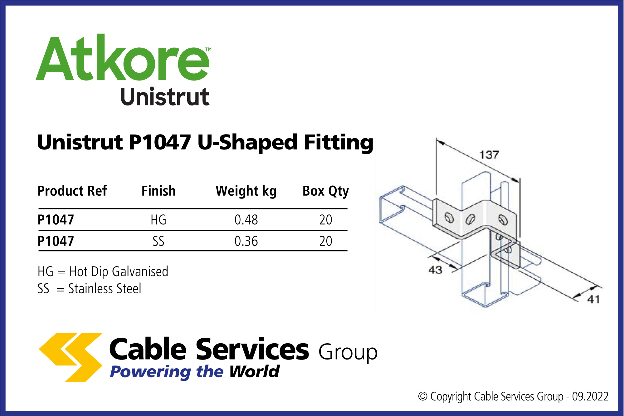 Unistrut P1047 U-Shaped Fitting - Cable Services
