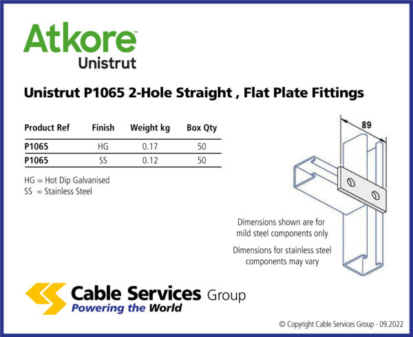 Unistrut P1065 2-Hole Straight , Flat Plate Fittings - Cable Services