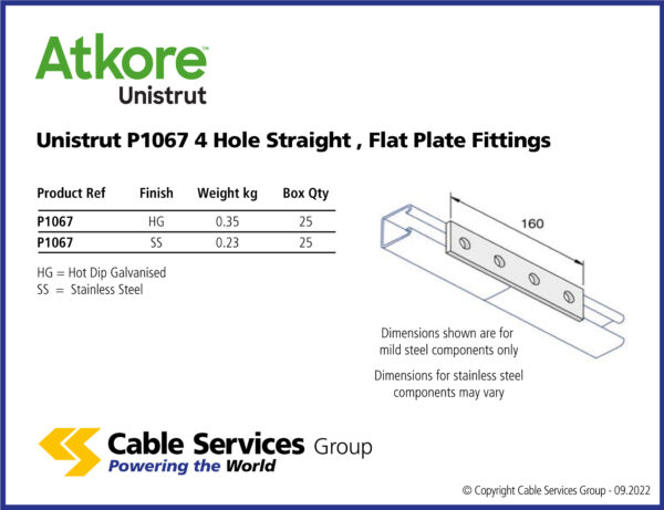 Unistrut P1067 4 Hole Straight , Flat Plate Fittings - Cable Services