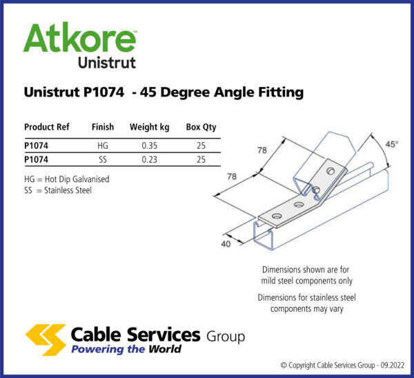 Unistrut P1074 - 45 Degree Angle Fitting - Cable Services