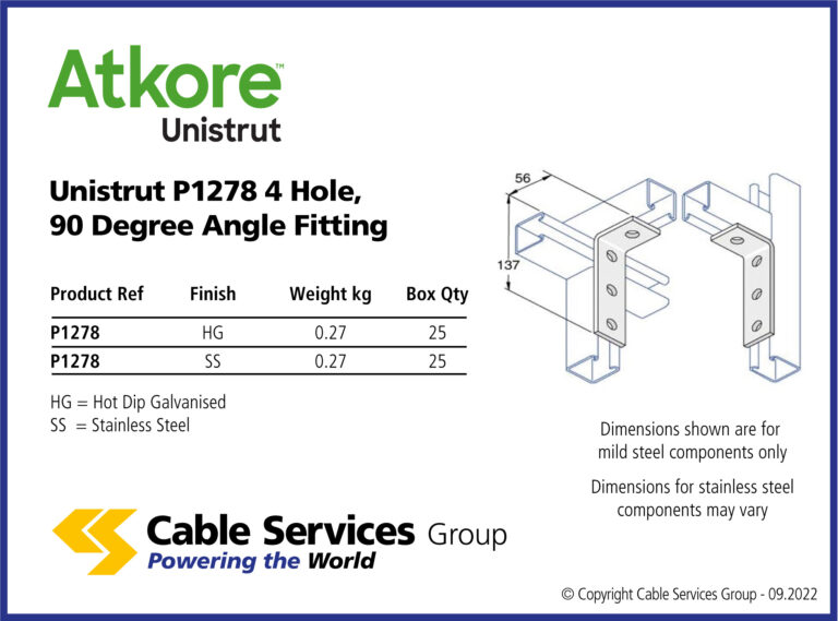 Unistrut P1278 4 Hole, 90 Degree Angle Fitting - Cable Services