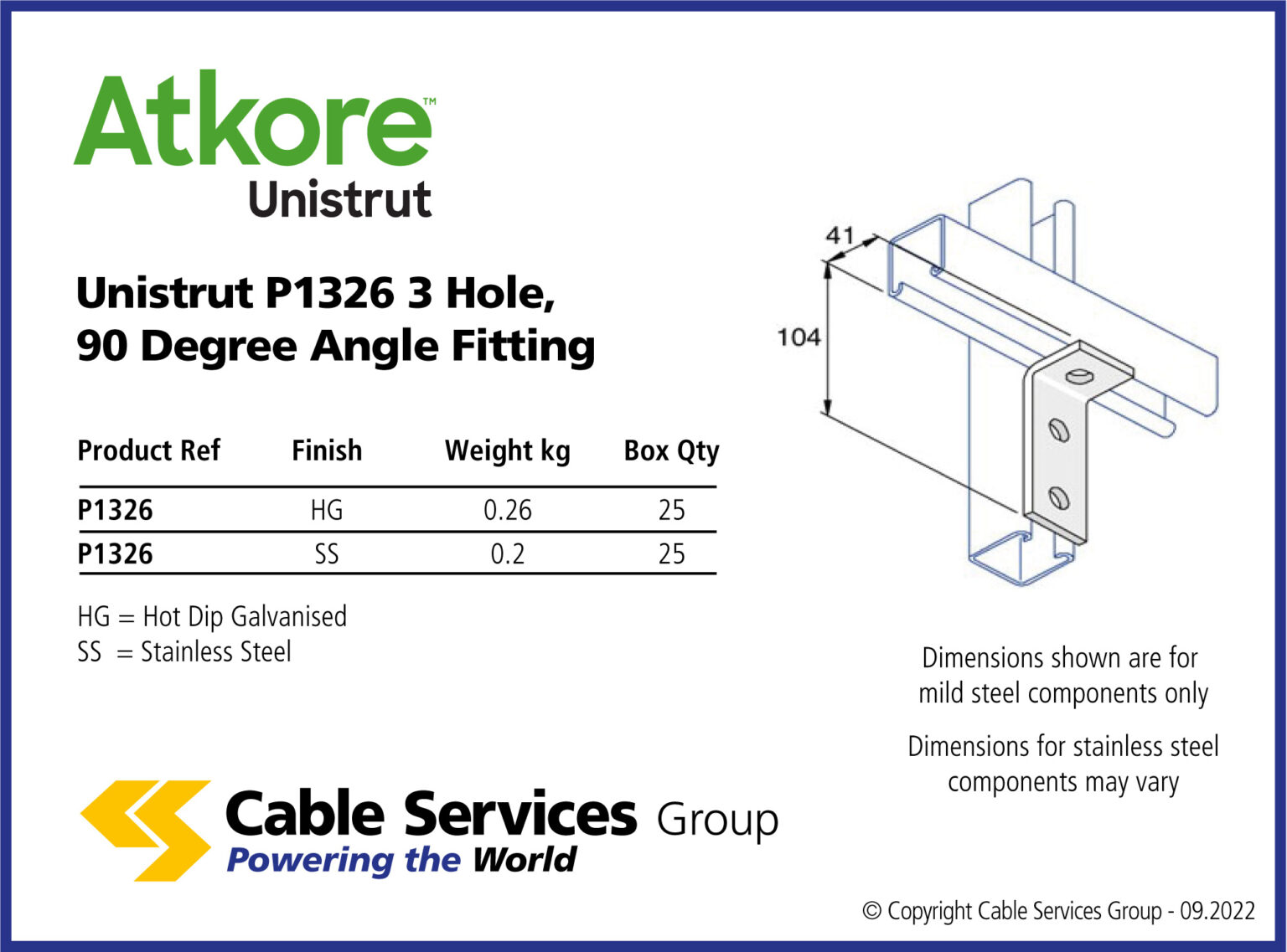Unistrut P1326 3 Hole, 90 Degree Angle Fitting - Cable Services