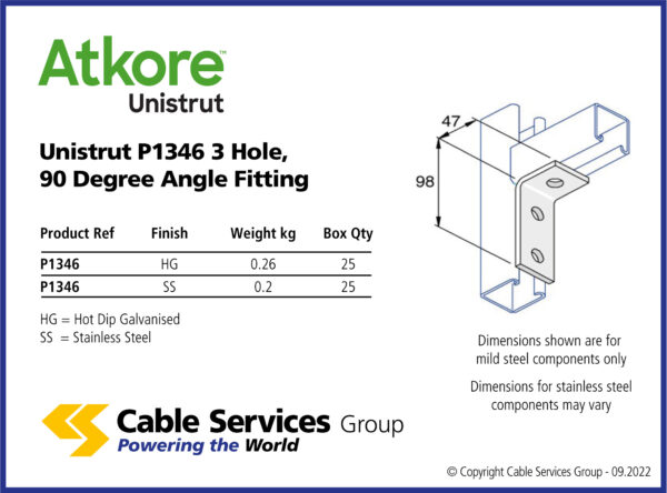 Unistrut P1346 3 Hole, 90 Degree Angle Fitting - Cable Services