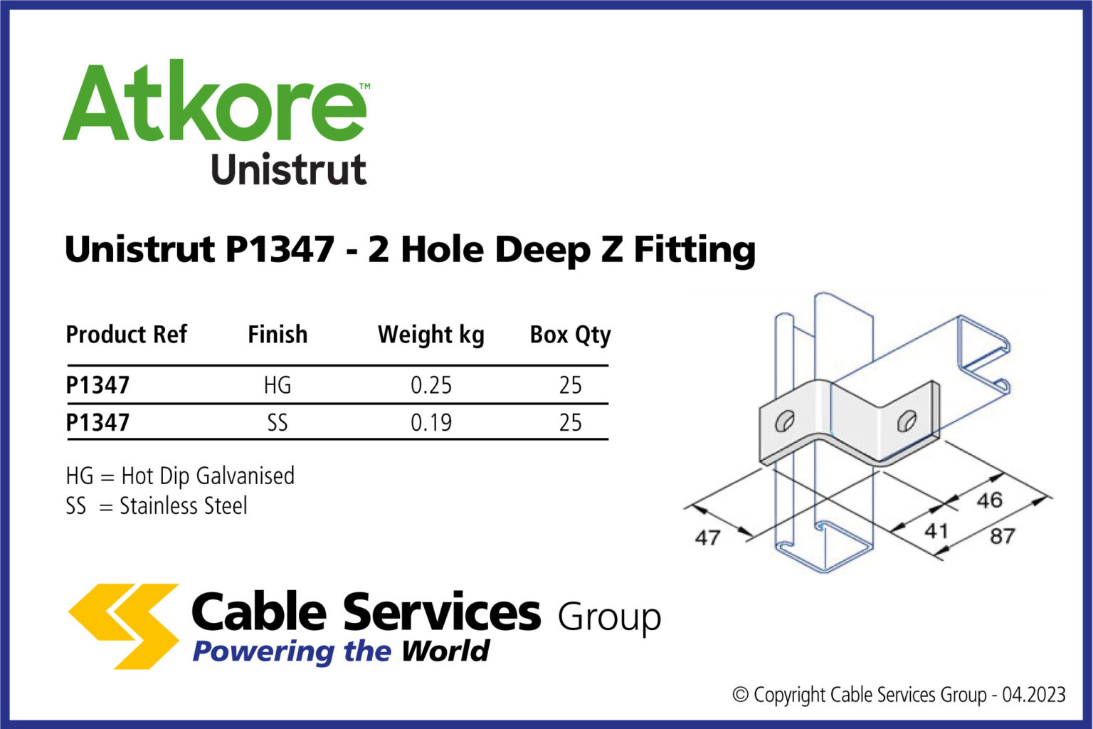 Unistrut P1347 - 2 Hole Deep Z Fitting - Cable Services