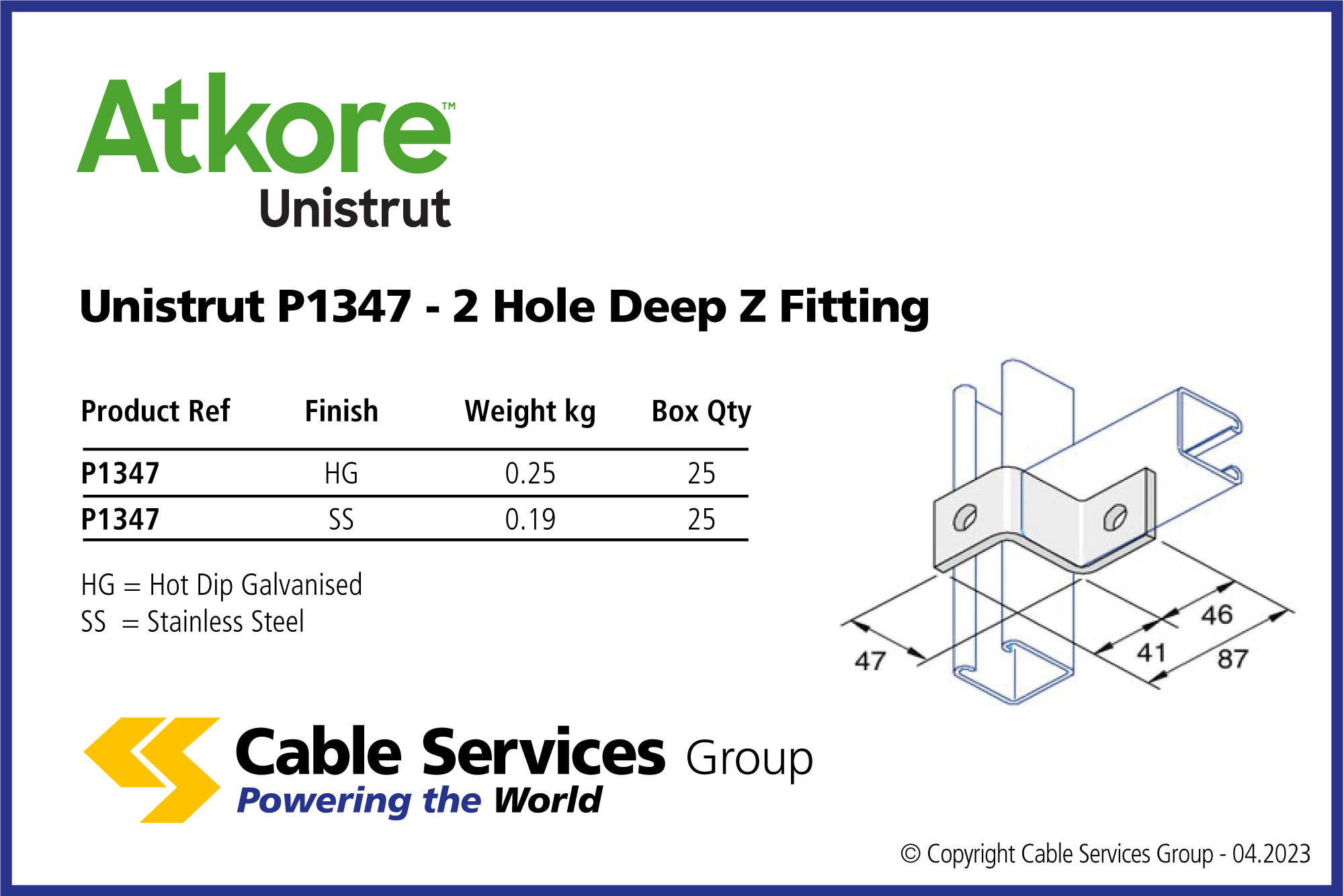 Unistrut P1347 - 2 Hole Deep Z Fitting - Cable Services