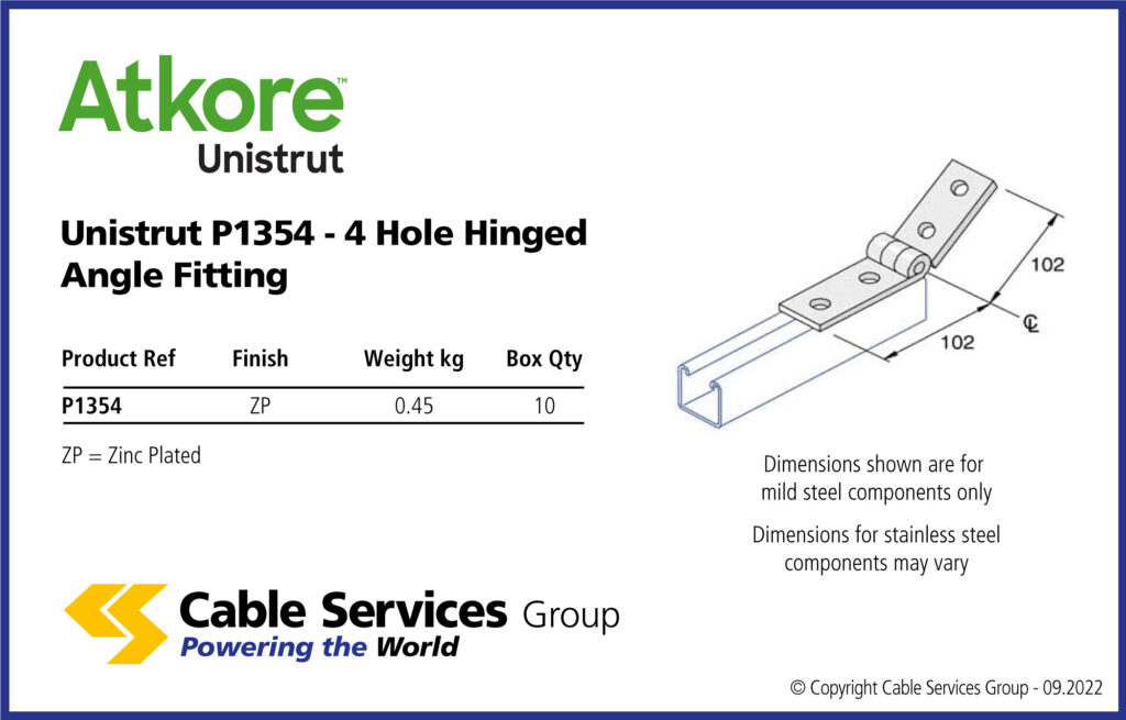 Unistrut P1354 - 4 Hole Hinged Angle Fitting - Cable Services