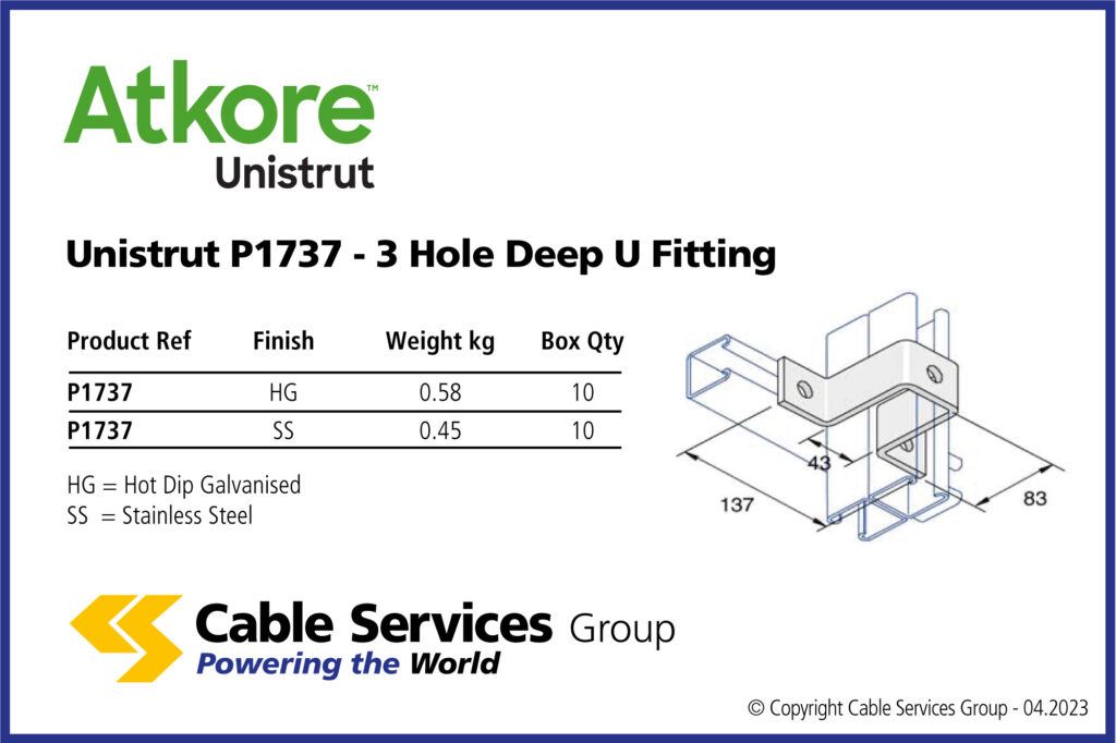 Unistrut P1737 - 3 Hole Deep U Fitting - Cable Services
