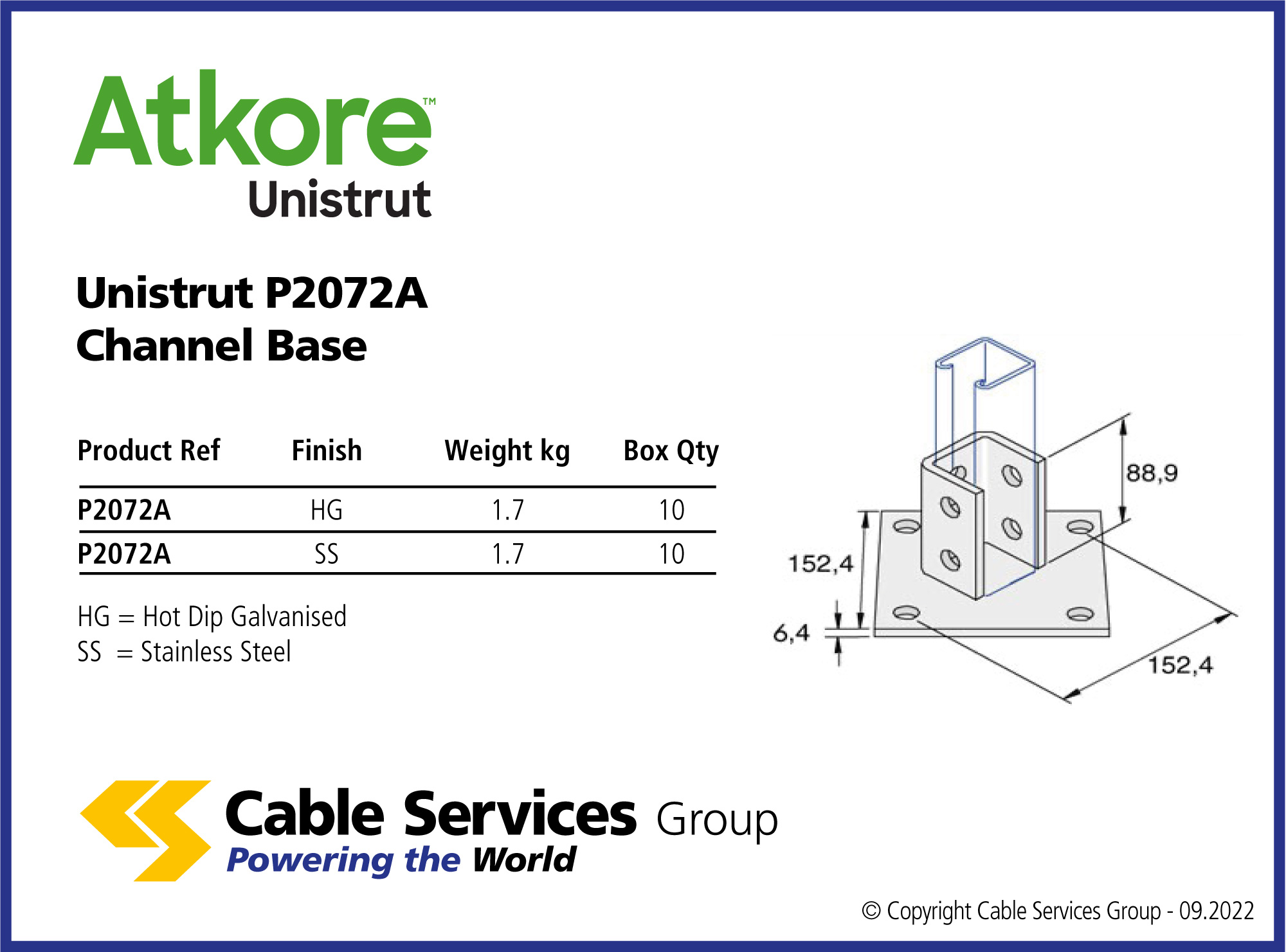 Unistrut P2072A Channel Base - Cable Services