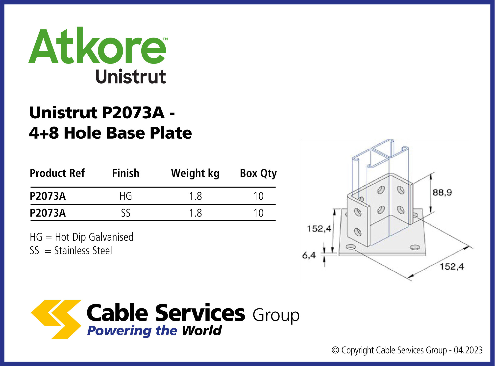 Unistrut P2073A - 4+8 Hole Base Plate - Cable Services