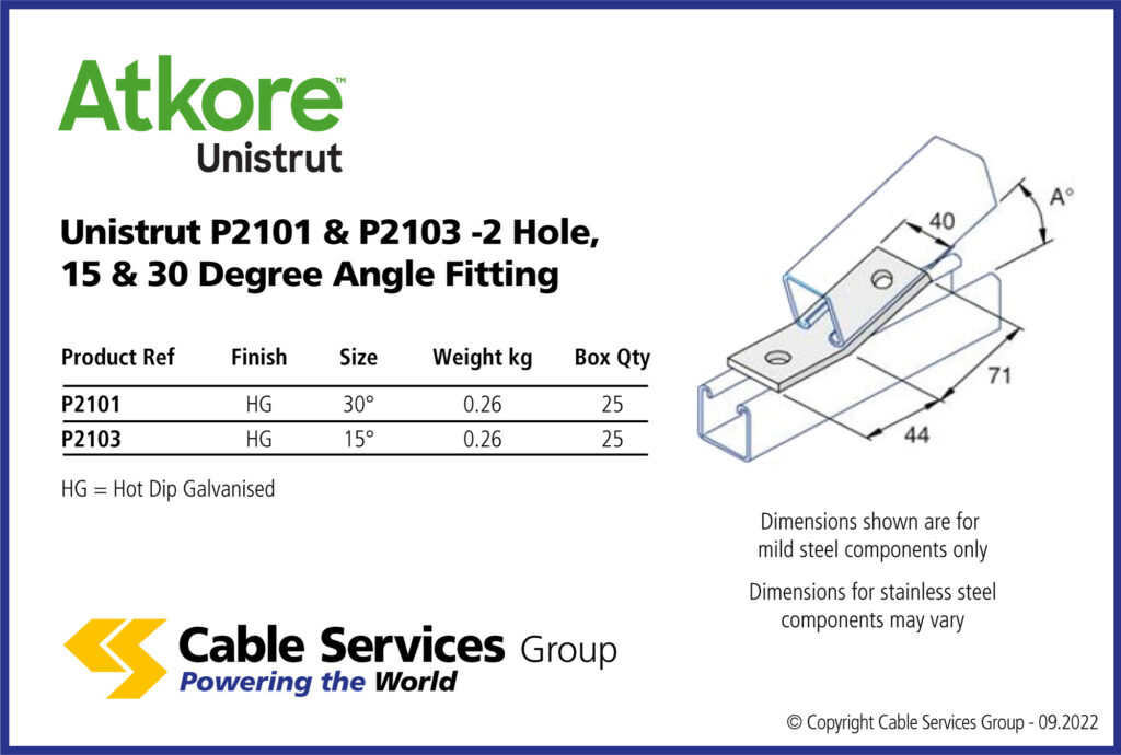 Unistrut P2101 & P2103 -2 Hole, 15 & 30 Degree Angle Fitting - Cable ...