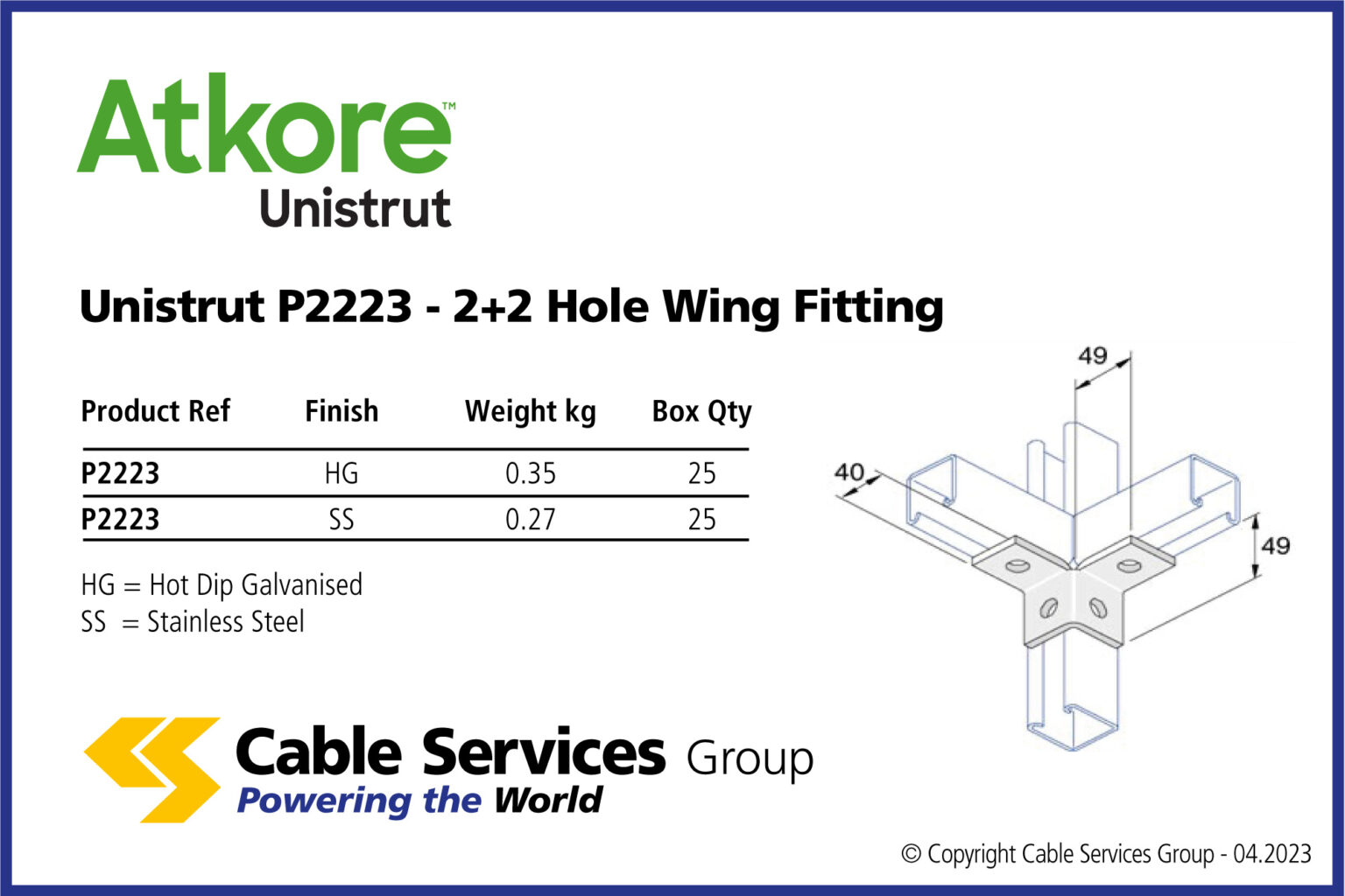 Unistrut P2223 - 2+2 Hole Wing Fitting - Cable Services
