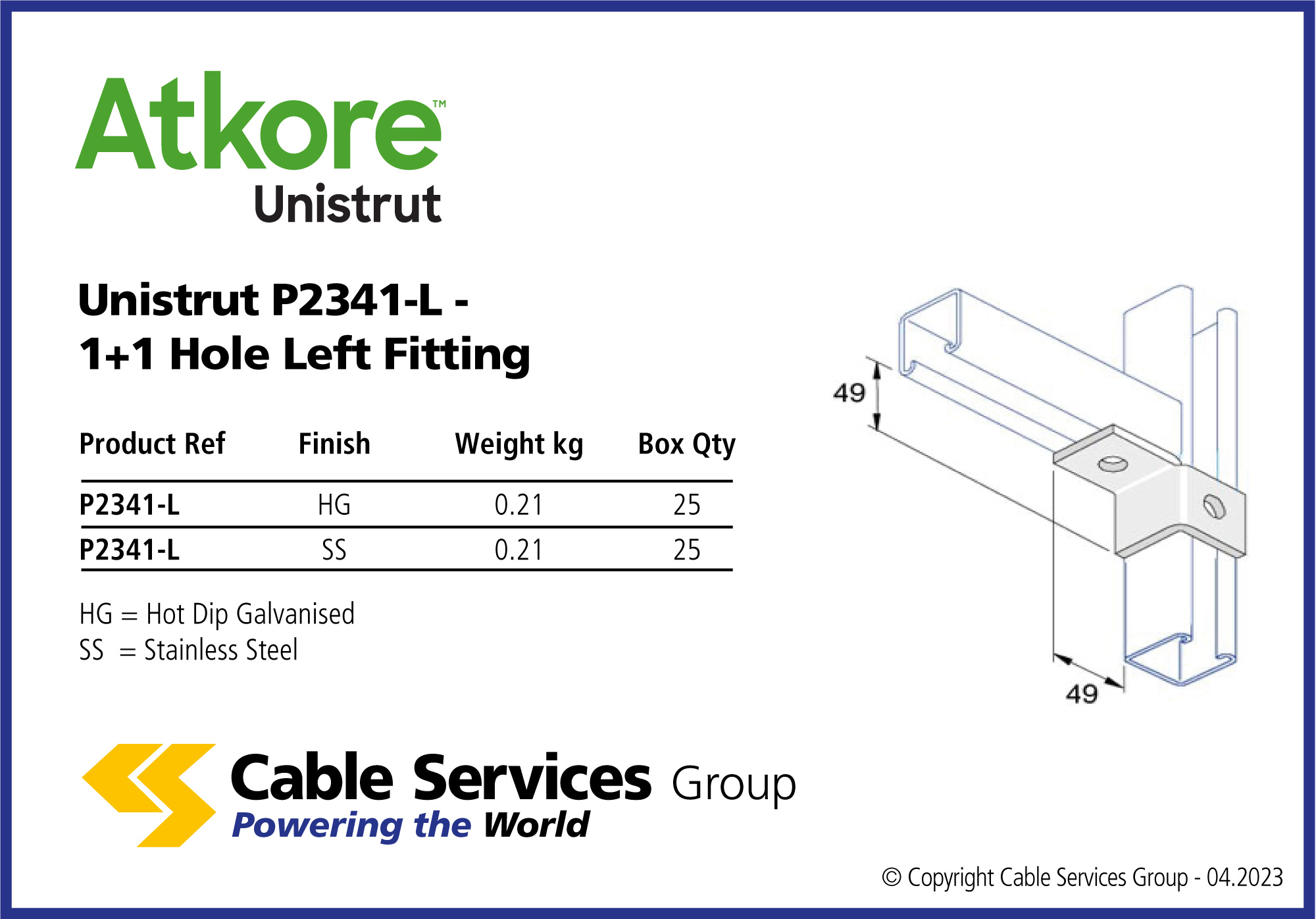 Unistrut P2341-L - 1+1 Hole Left Fitting - Cable Services