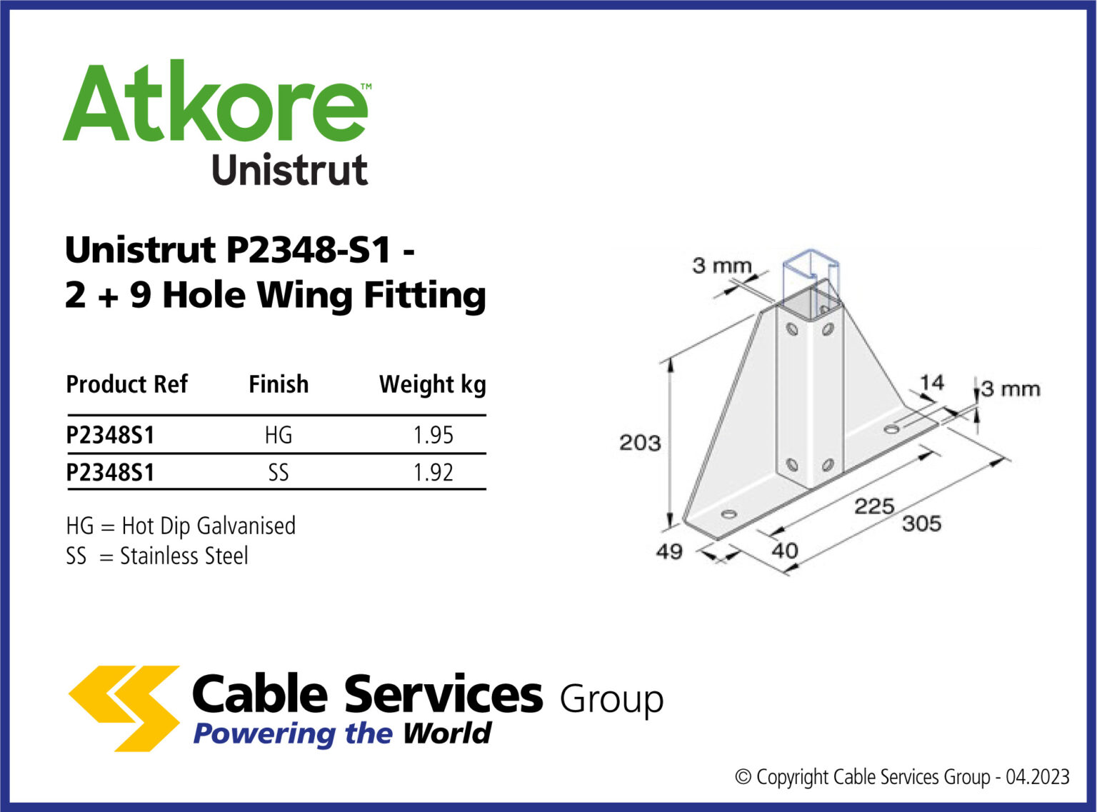 Unistrut P2348-S1 - 2 + 9 Hole Wing Fitting - Cable Services