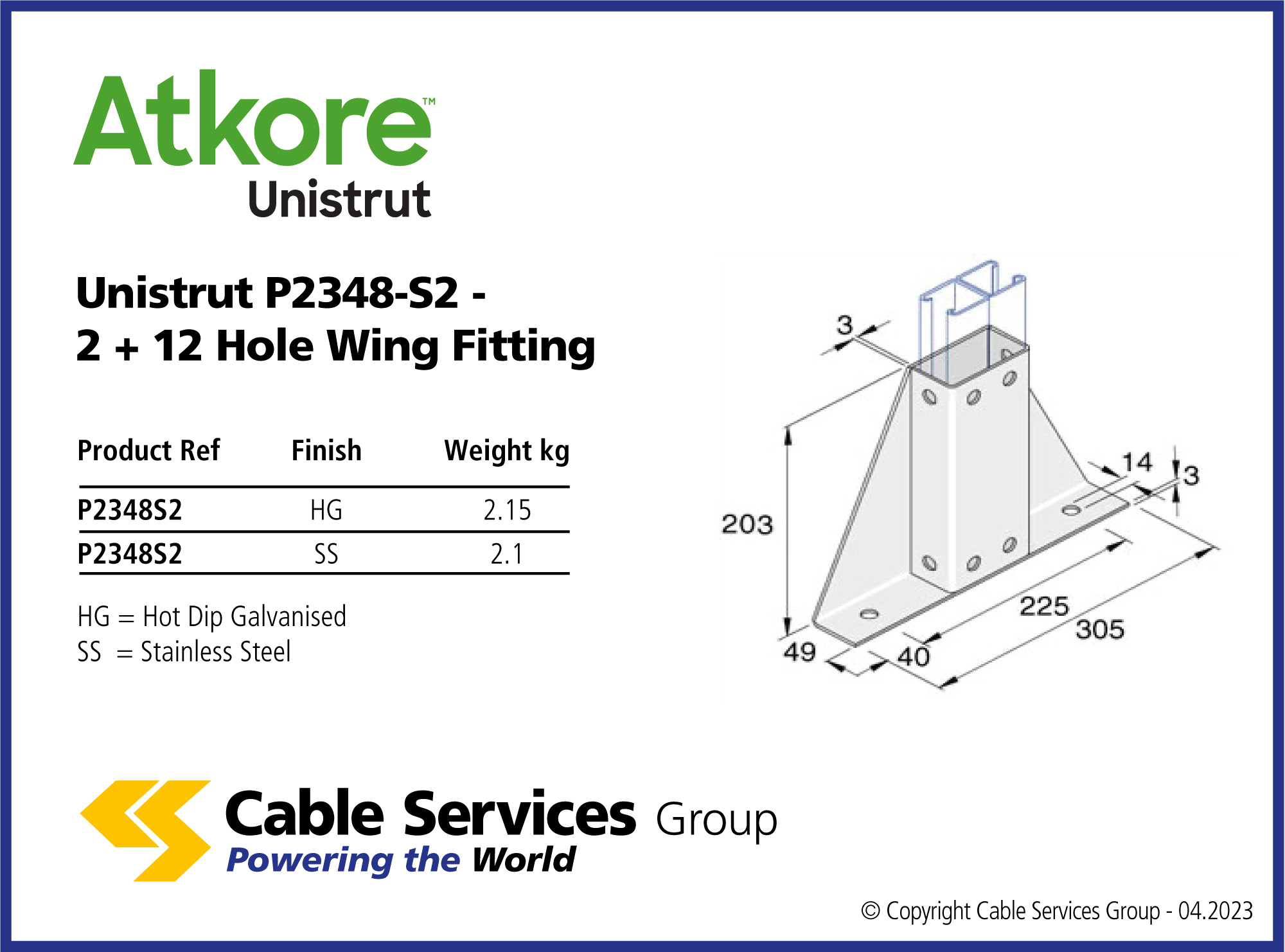 Unistrut P2348-S2 - 2 + 12 Hole Wing Fitting - Cable Services
