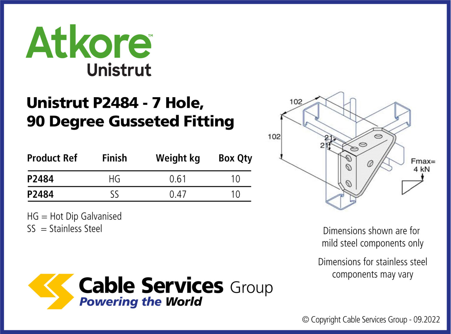 Unistrut P2484 - 7 Hole, 90 Degree Gusseted Fitting - Cable Services