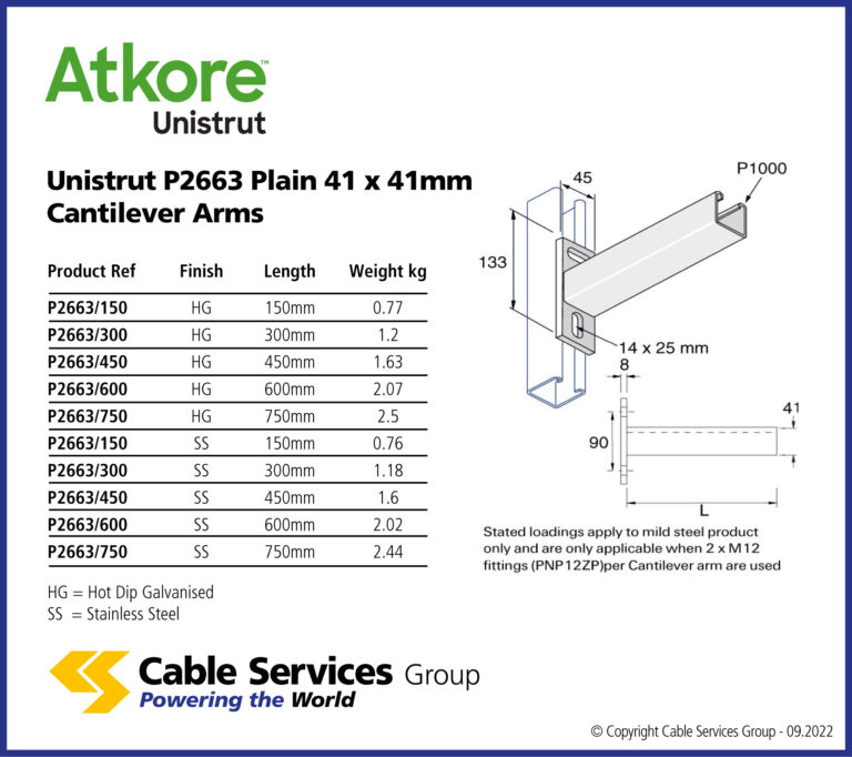 Unistrut P2663 Plain 41 x 41mm Cantilever Arms - Cable Services