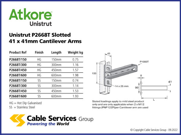 Unistrut P2668T Slotted 41 x 41mm Cantilever Arms - Cable Services