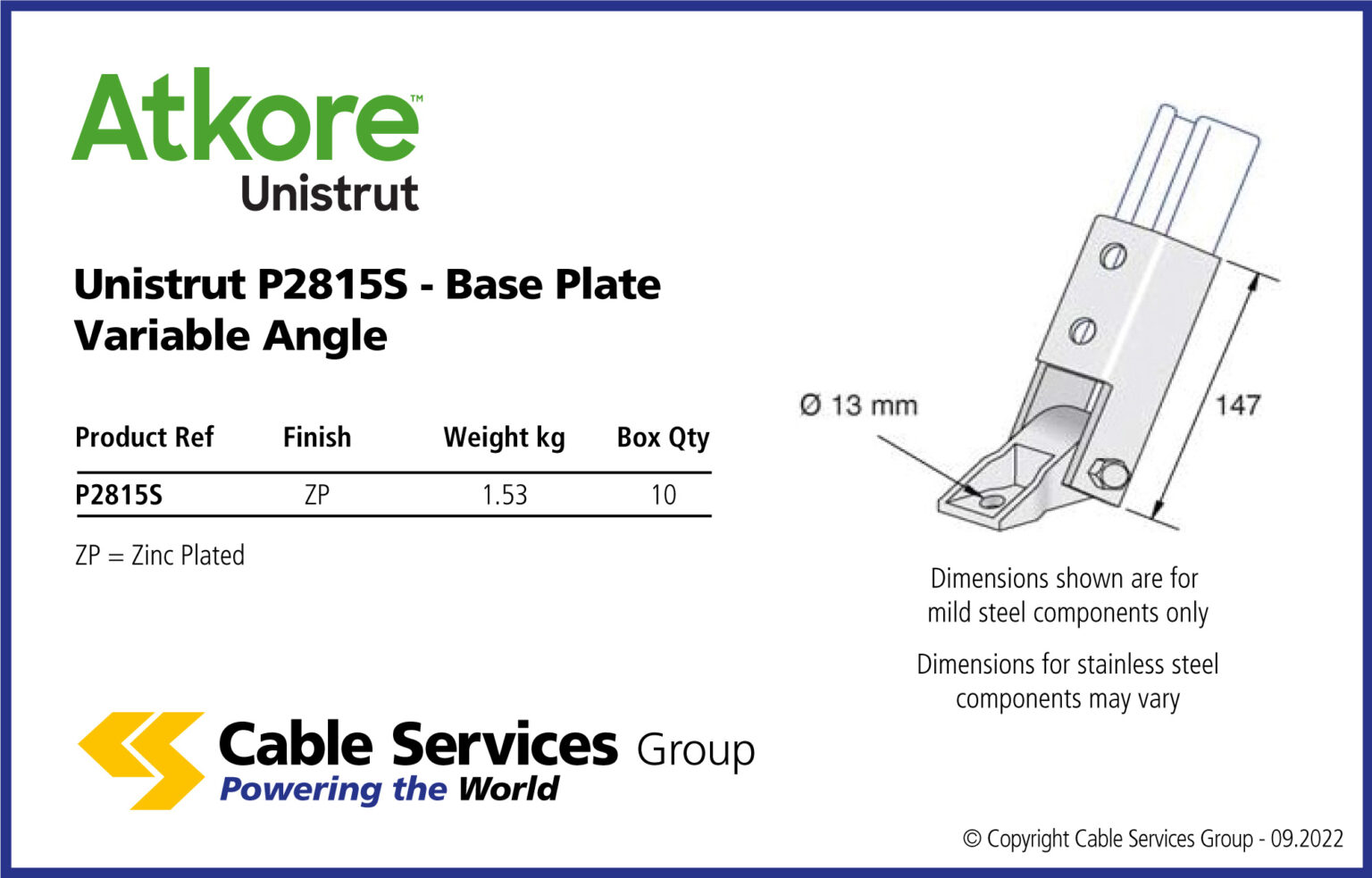 Unistrut P2815S - Base Plate Variable Angle - Cable Services