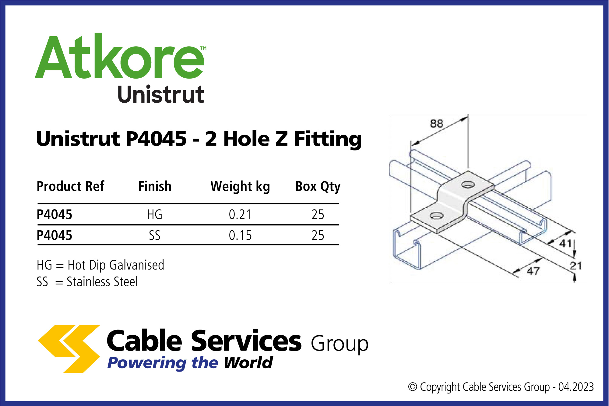 Unistrut P1453 - 3 Hole Deep Z Fitting - Cable Services