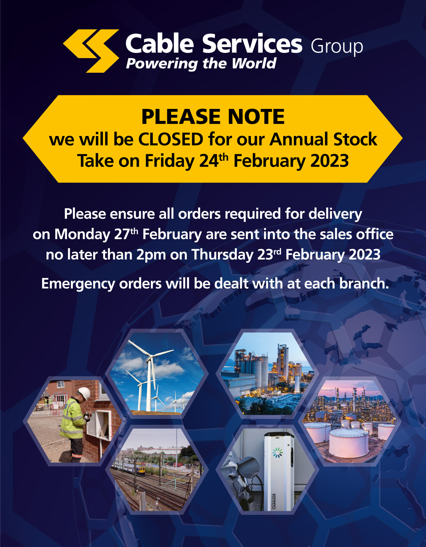 Closed for Annual Stock Check 24th February 2023 | Cable Services