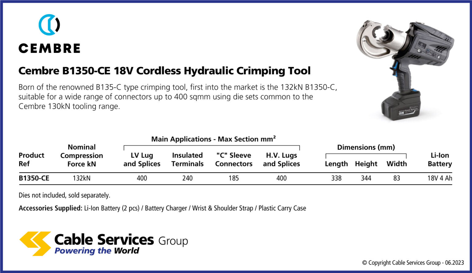 Cembre B1350-CE 18V Cordless Hydraulic Crimping Tool - Cable Services
