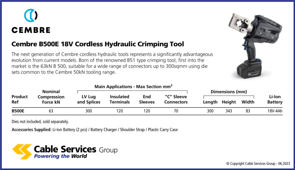 Cembre B500E 18V Cordless Hydraulic Crimping Tool - Cable Services