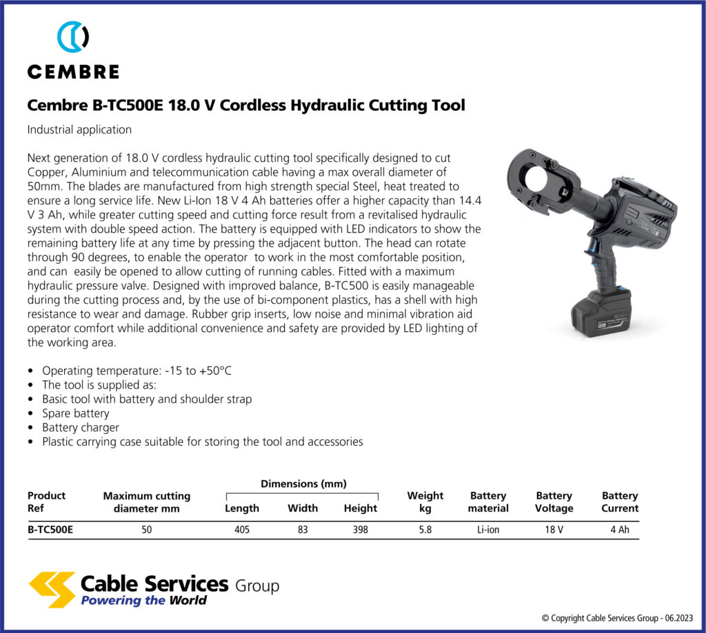 Cembre B-TC500E 18.0 V Cordless Hydraulic Cutting Tool - Cable Services