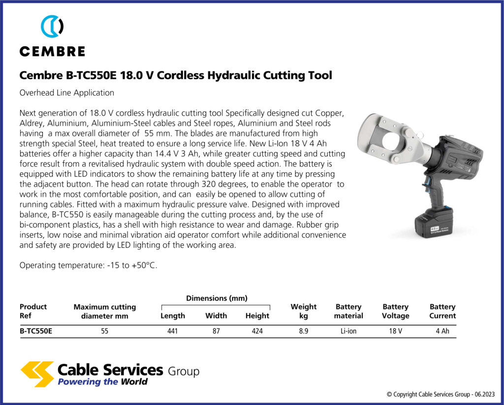 Cembre B-TC550E 18.0 V Cordless Hydraulic Cutting Tool - Cable Services
