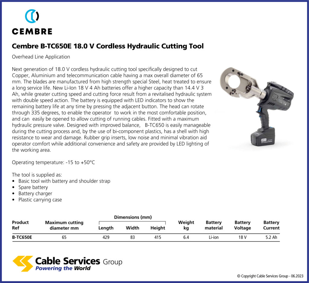 Cembre B-TC650E 18.0 V Cordless Hydraulic Cutting Tool - Cable Services