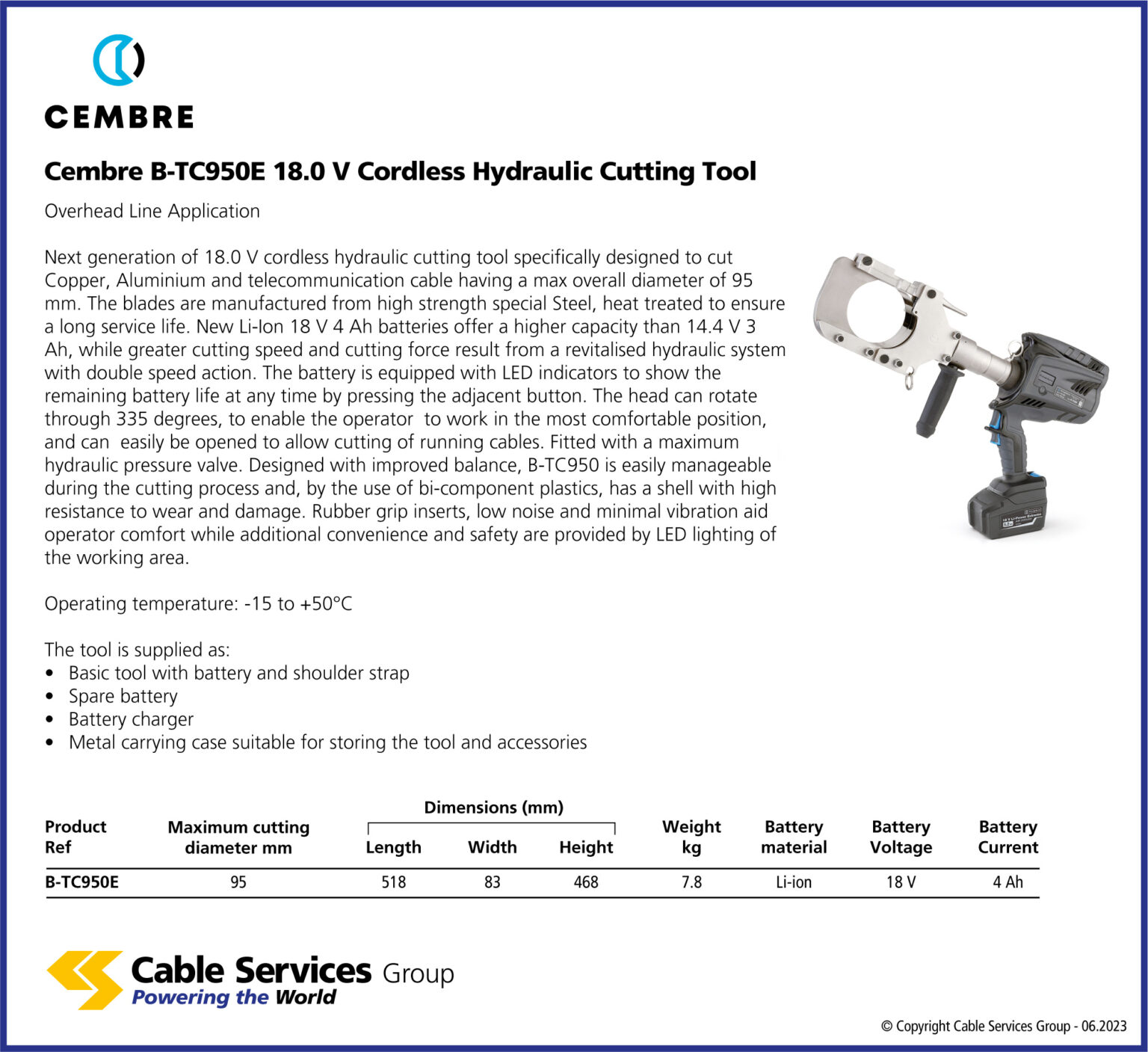 Cembre B-TC950E 18.0 V Cordless Hydraulic Cutting Tool - Cable Services